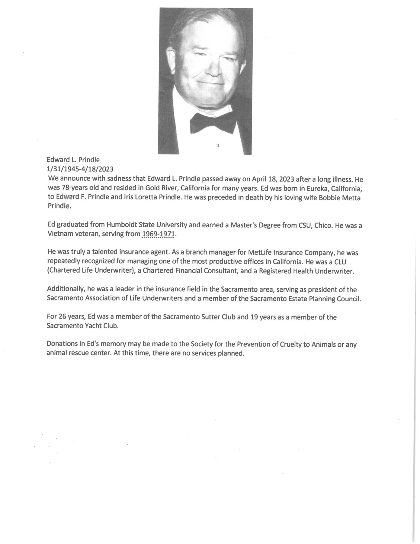 Edward Prindle Obituary - Fair Oaks, CA