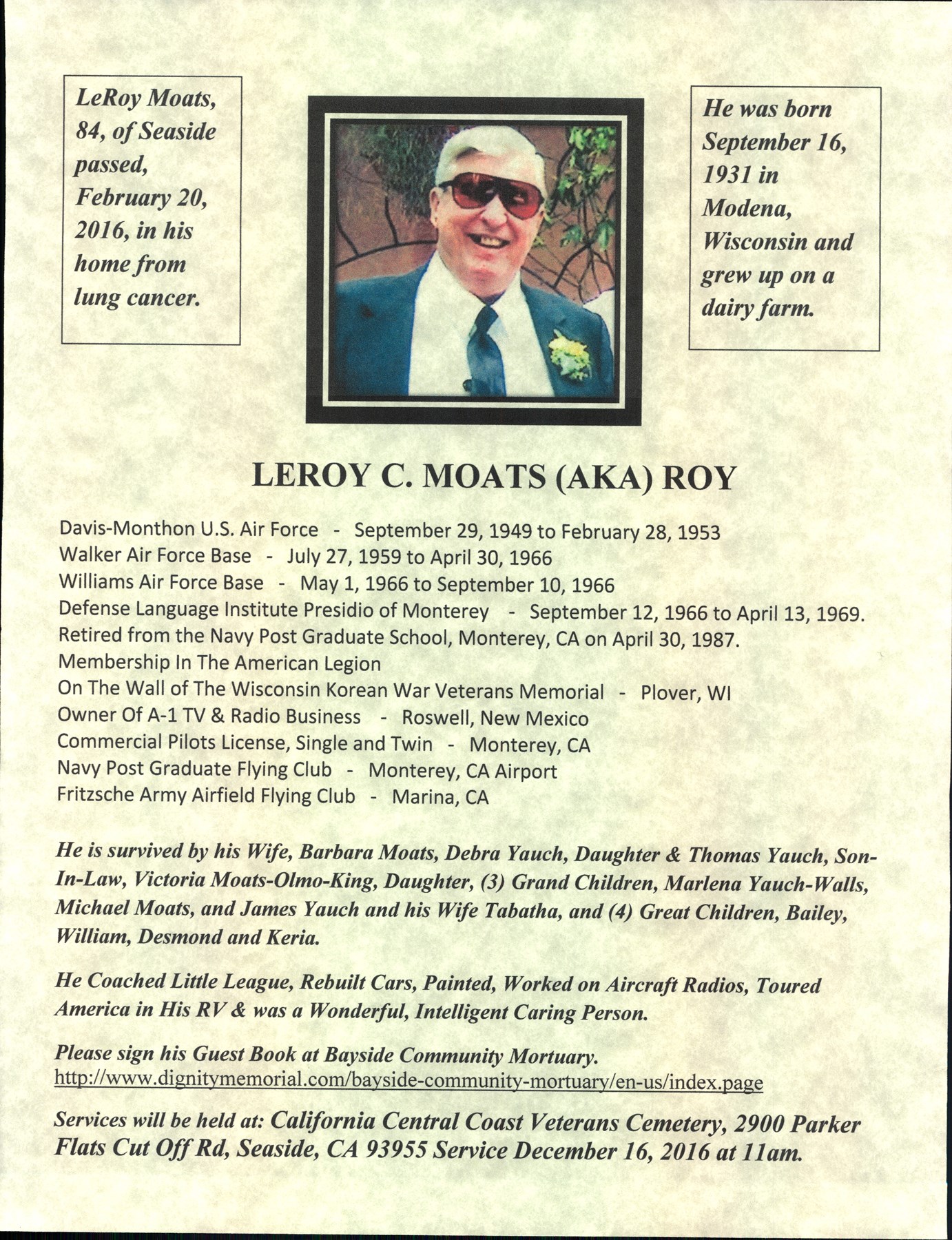 Leroy Charles Moats Obituary - Seaside, CA